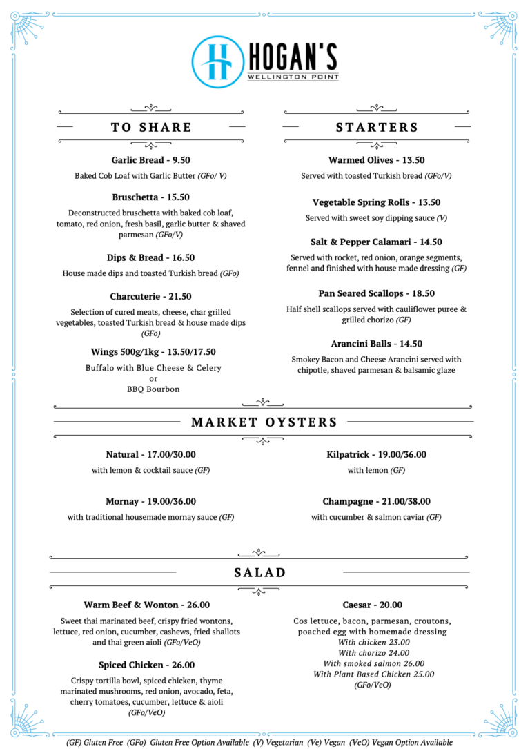 Menu – Hogan's Wellington Point