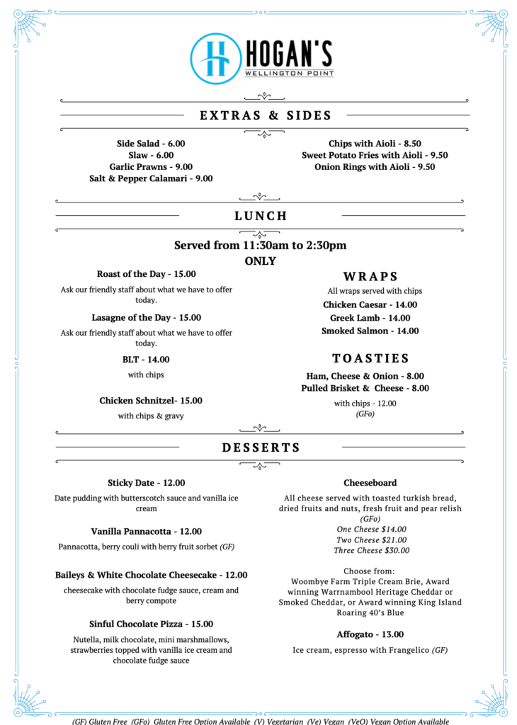 Menu – Hogan's Wellington Point